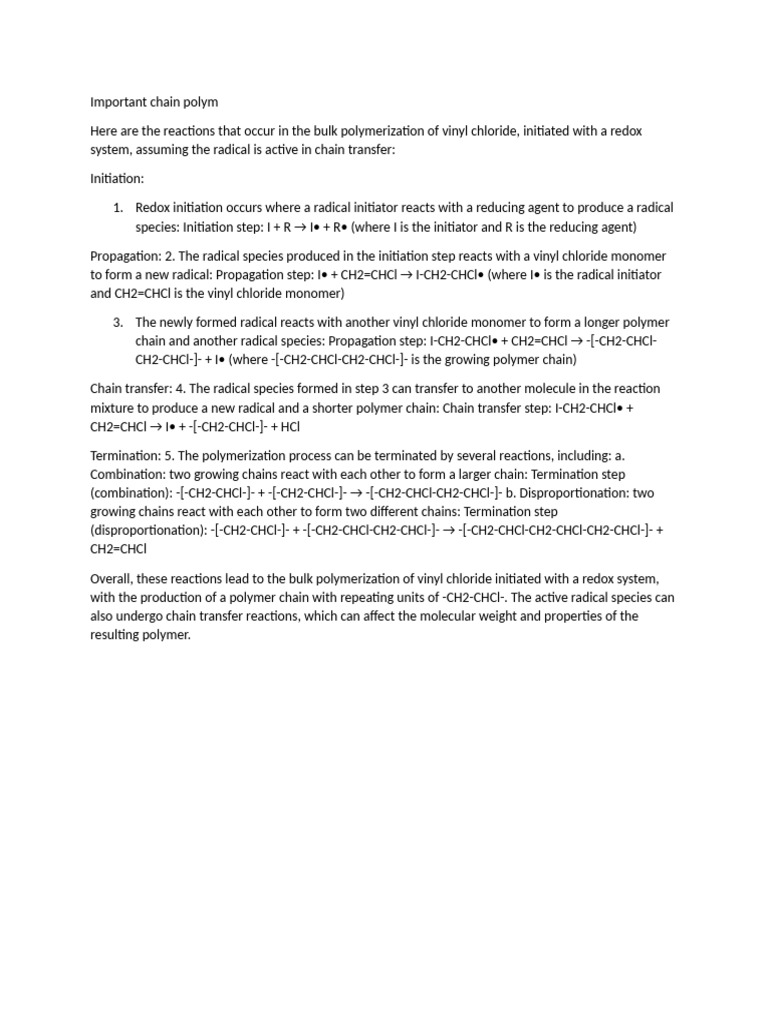 Vinyl Chloride Polymerization Steps | PDF