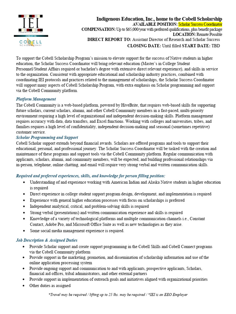 Scholar-Success-Coordinator-Cobell Scholarship | PDF | Communication ...