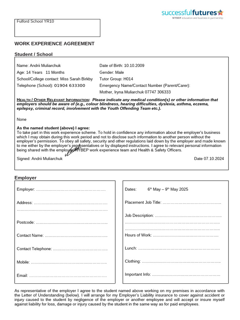 Work Experience Agreement | PDF | Employment | Insurance