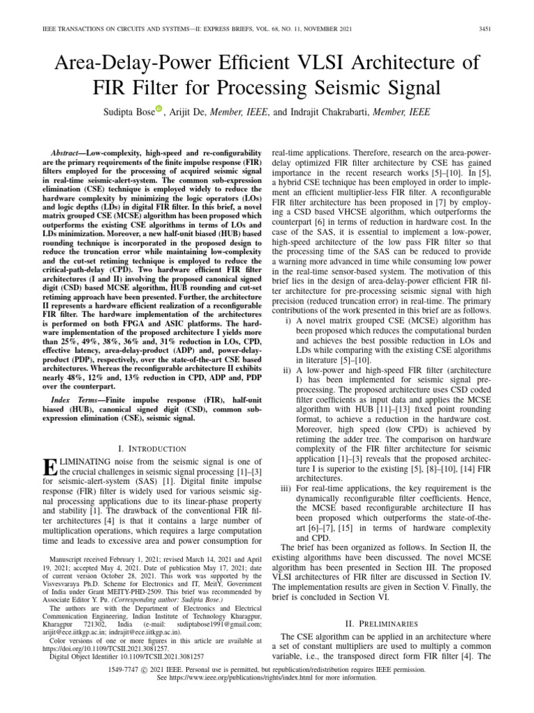 Area-Delay-Power Efficient VLSI Architecture of FIR Filter For Processing Seismic Signal | PDF ...