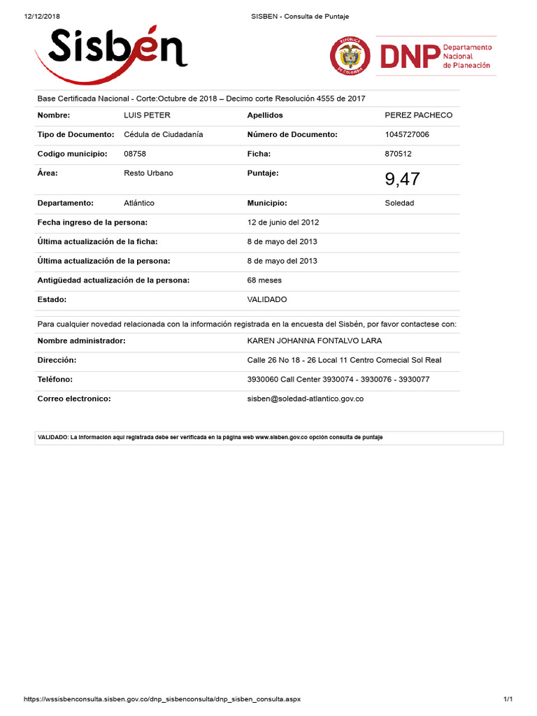 SISBEN - Consulta de Puntaje | PDF