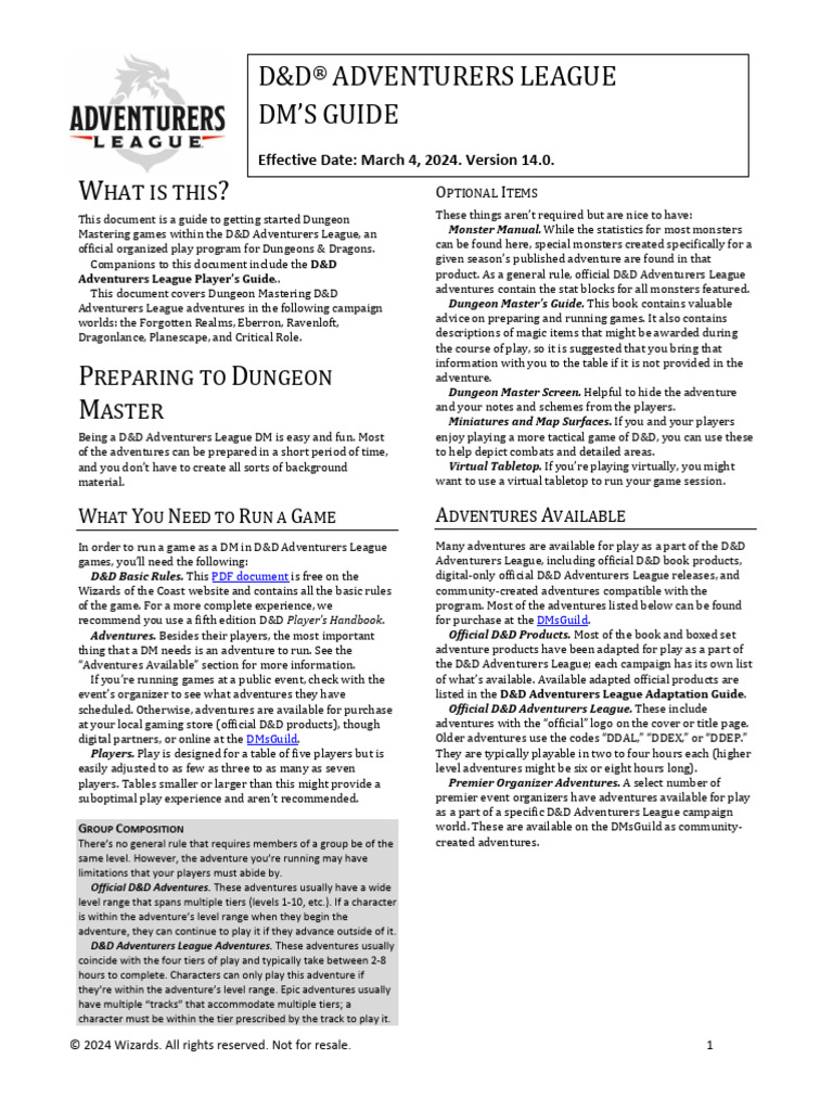D&D Adventurers League Dungeon Masters Guide v14.0 | PDF | Dungeons ...