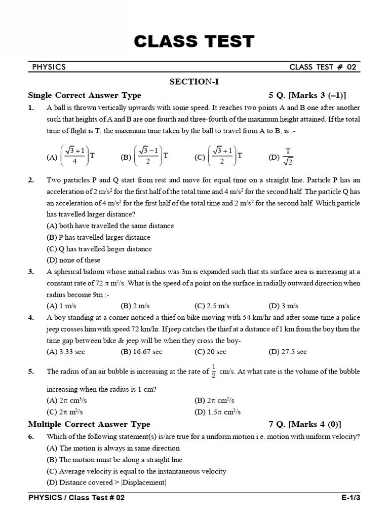 @JEEAdvanced - 2024 Nurture Class Test 3 | PDF | Velocity | Acceleration