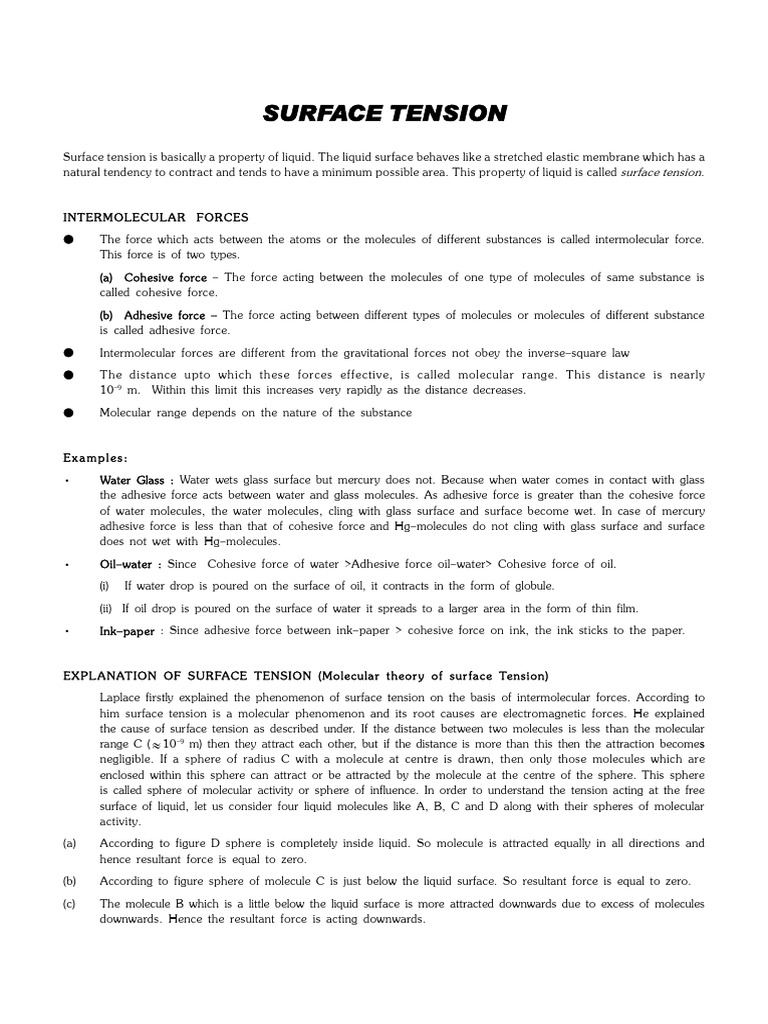 Surface Tension and Viscosity Additional Notes | PDF | Surface Tension ...