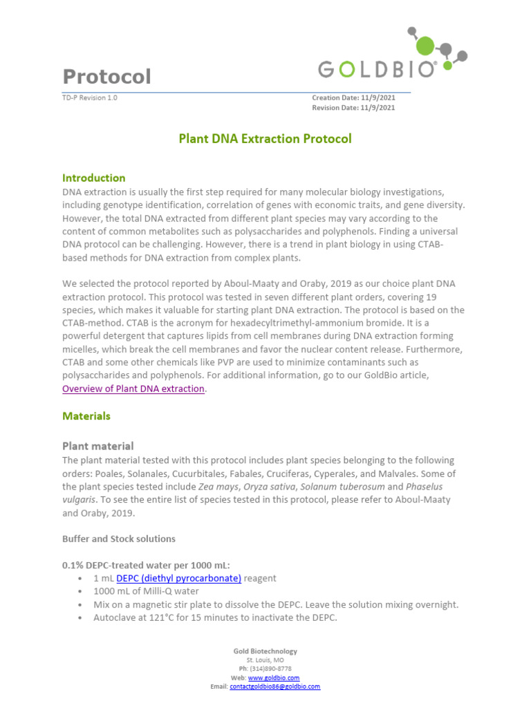 Plant DNA Extraction Using CTAB | PDF | Agarose Gel Electrophoresis ...