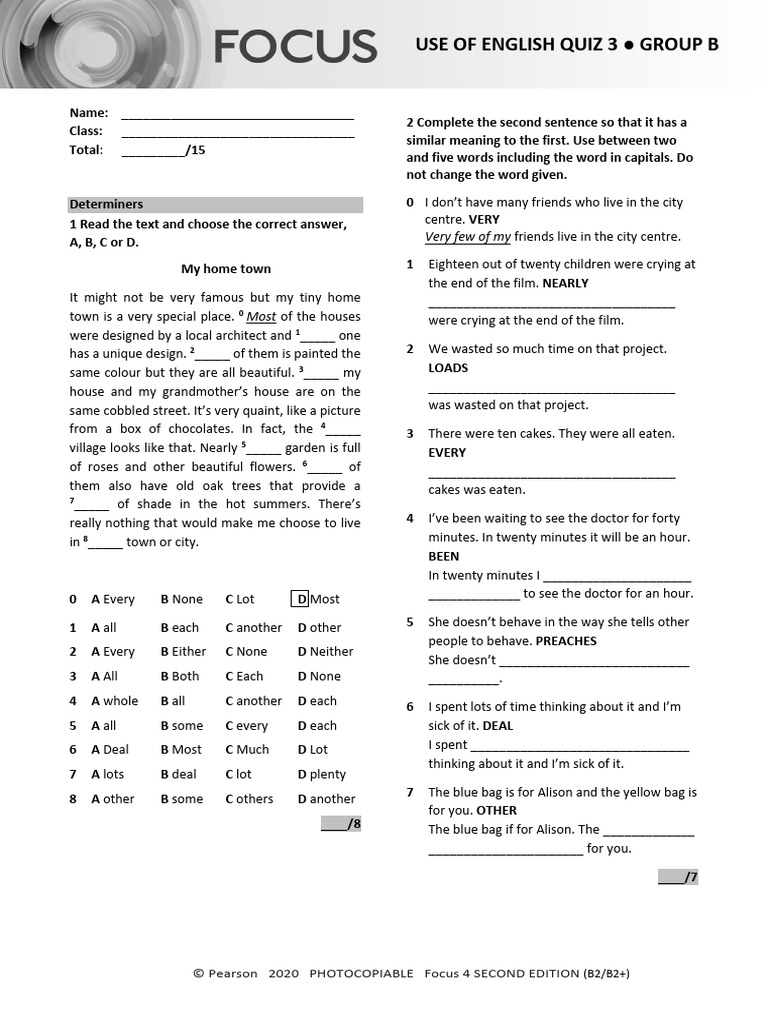 Focus4 2E UoE Quiz Unit3 GroupB | PDF