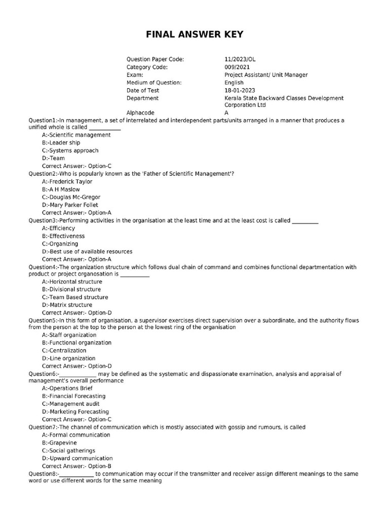 Final Answer Key Project Asst Unit Manager 2 Compresse | PDF