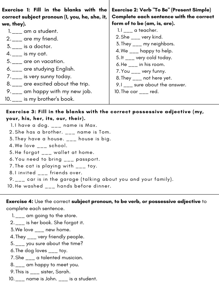 Exercise 1: Fill in The Blanks With The Correct Subject Pronoun (I, You ...
