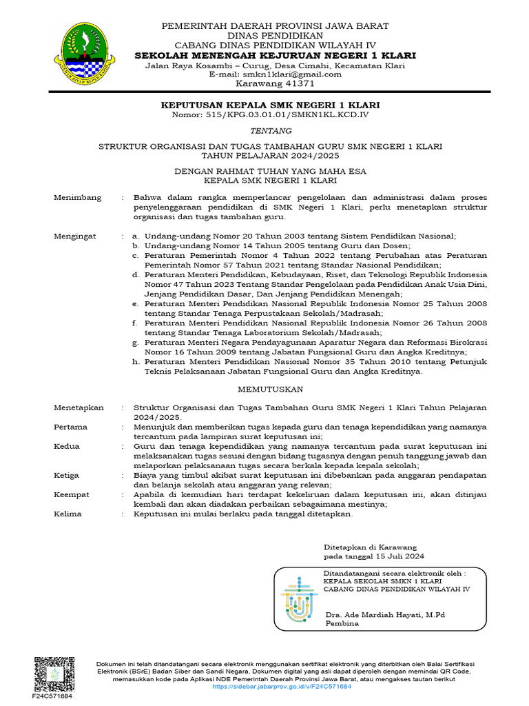 SK STRUKTUR ORGANISASI DAN TUGAS TAMBAHAN GURU 2024-2025 25072024 031122 Signed | PDF