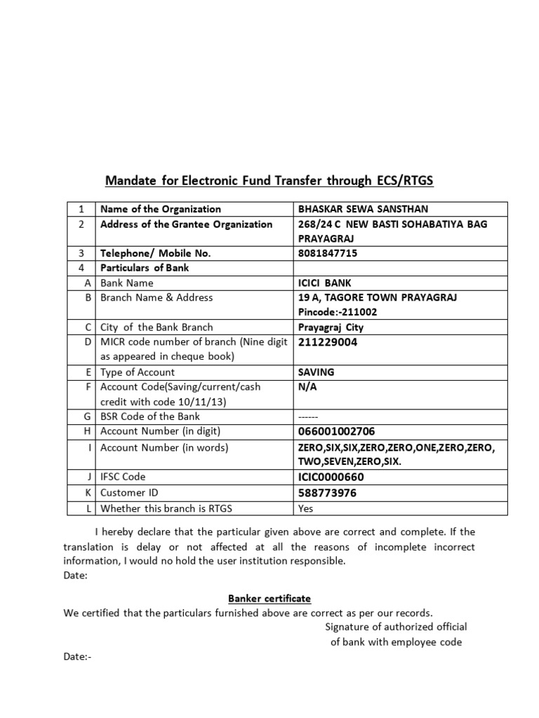 NEFT Mandate Form for Bhaskar Sewa Sansthan | PDF | Business | Finance & Money Management