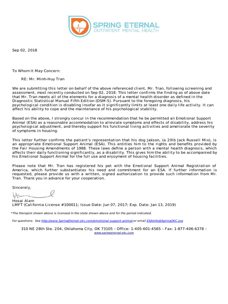 ESA Letter for Housing Support | PDF