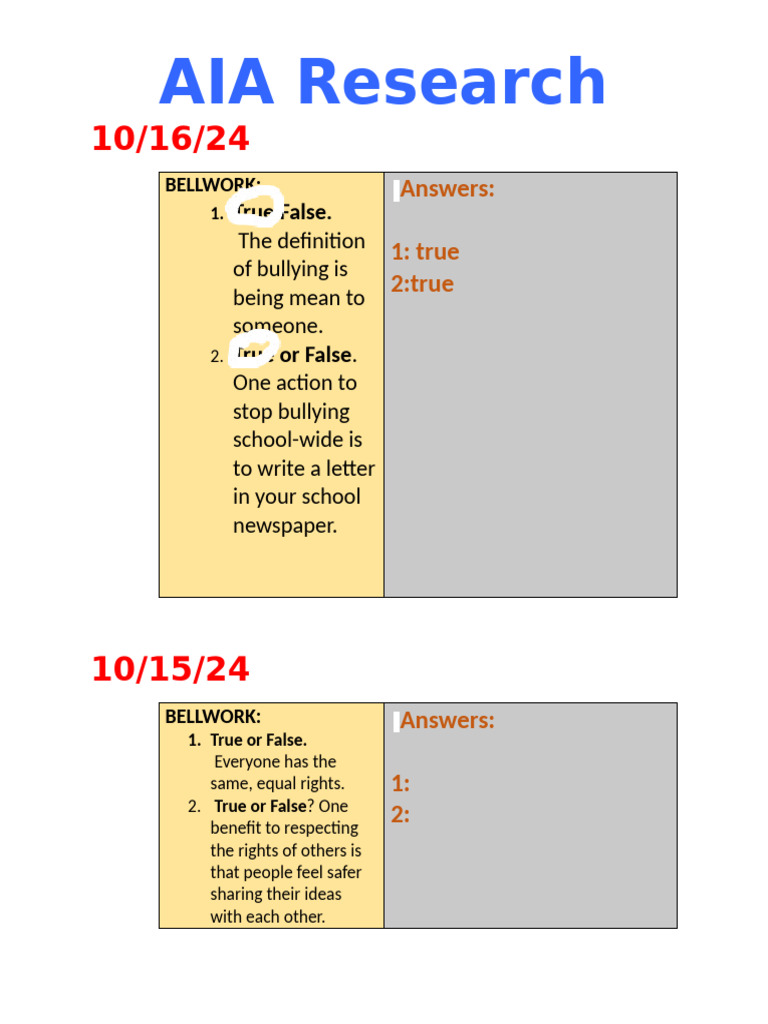 AIA Research: Bellwork Activities Overview | PDF | Psychology | Cognition