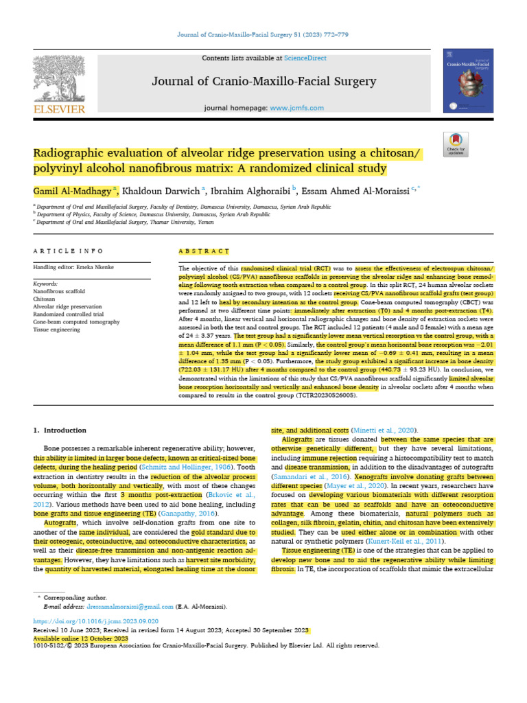Radiographic Evaluation of Alveolar Ridge Preservation Using A Chitosan ...