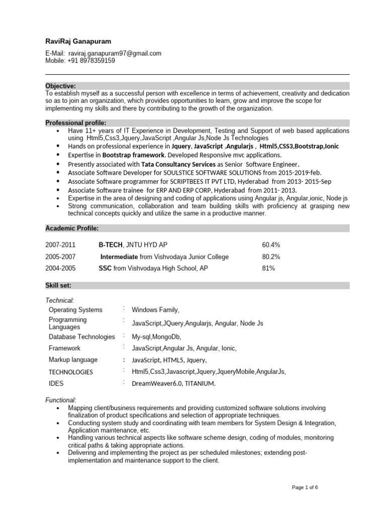 Raviraj G CV | PDF | Angular Js | J Query
