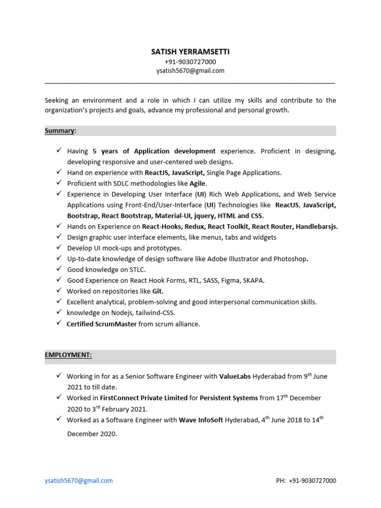Web Developer Resume - Satish Yerramsetti | PDF | J Query | Java Script