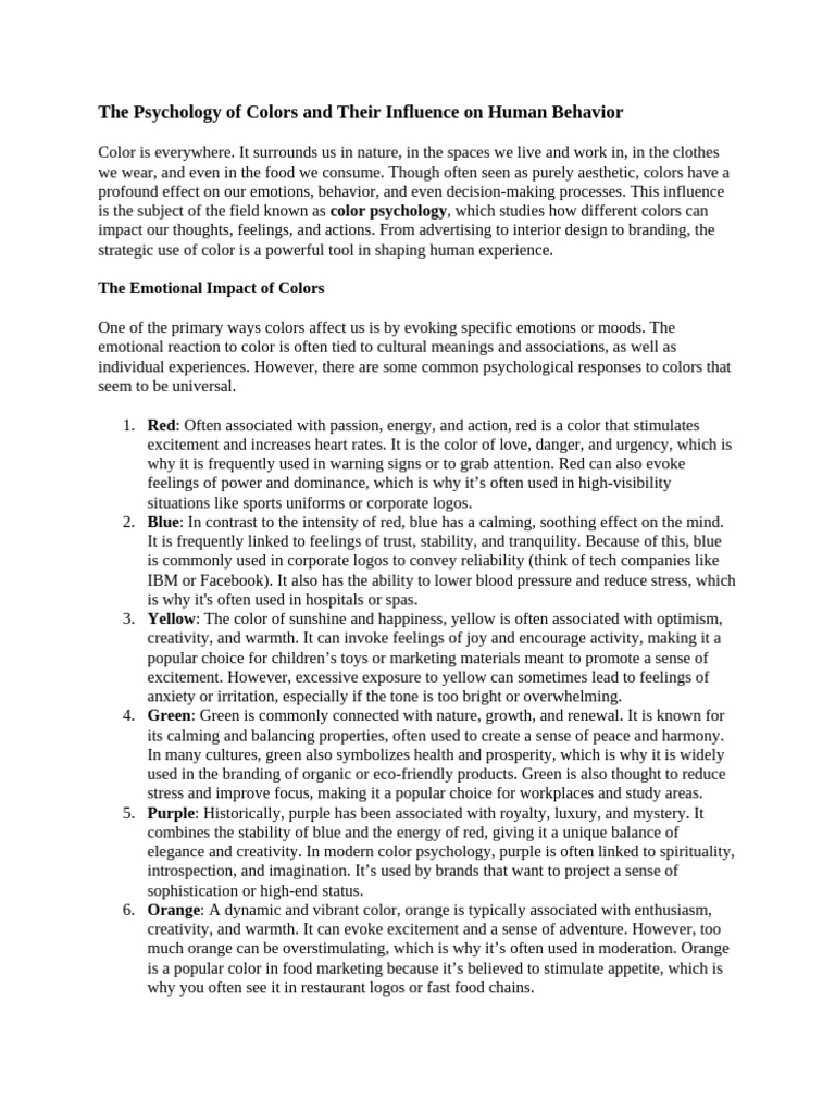 Color Psychology and Human Behavior | PDF | Feeling | Emotions