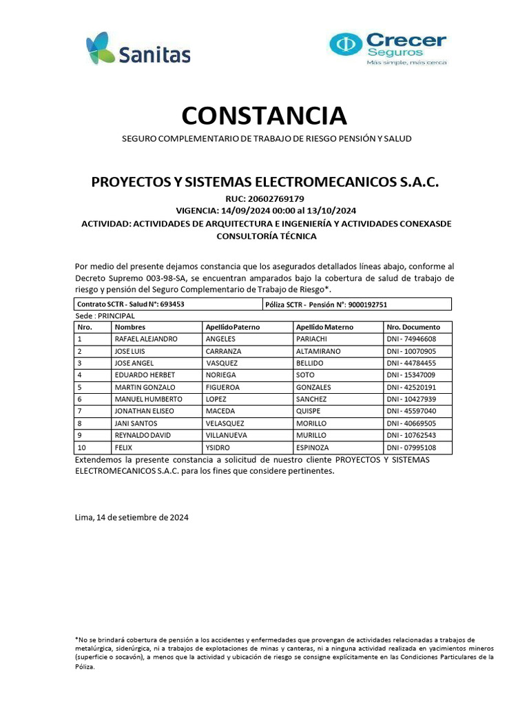 Cobertura SCTR para Proyectos Electromecánicos | PDF