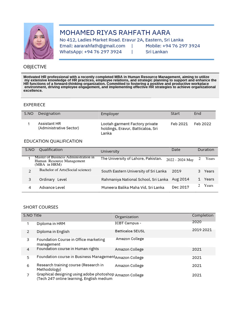 Rahfath Aarah Riyaz CV Updated 24 (1) - 1 | PDF | Human Resource Management | Business