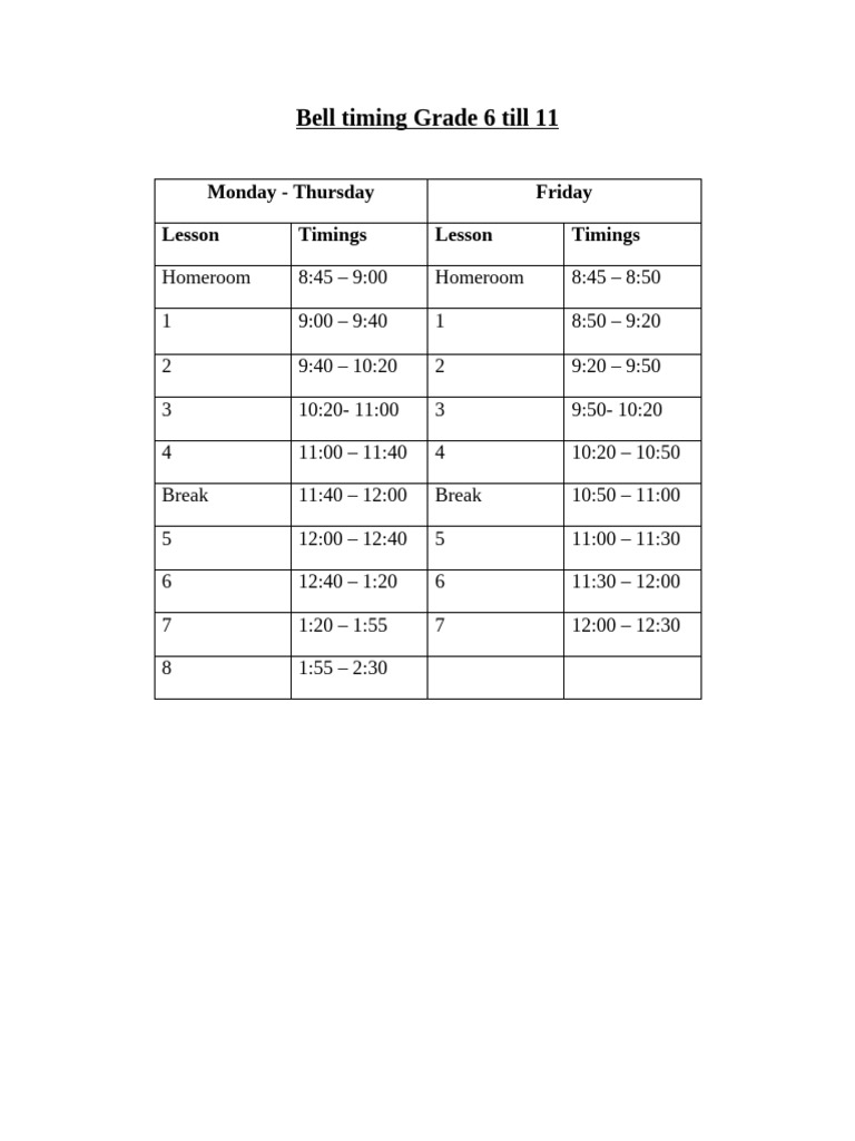 School Bell Schedule Grades 6-11 | PDF