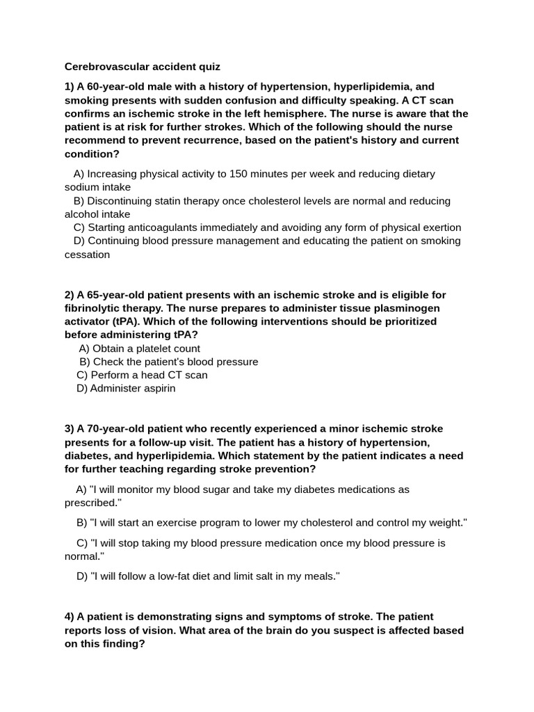 Cerebrovascular Accident Quiz | PDF | Stroke | Medical Specialties