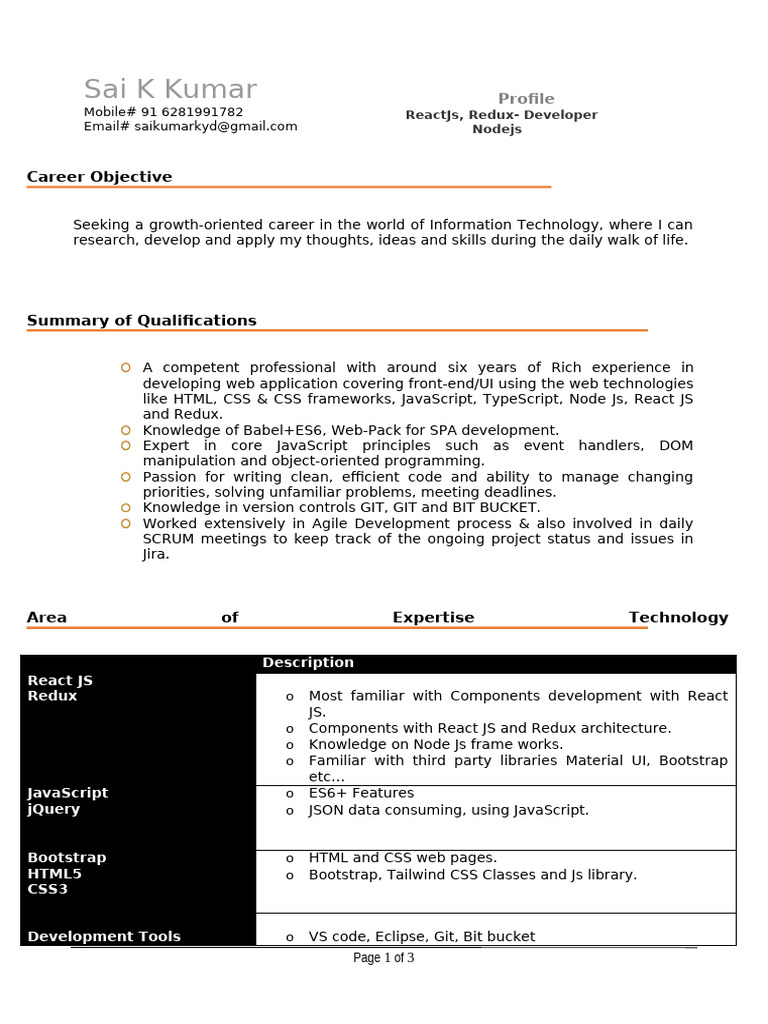 Sai Kumar CV | PDF | Java Script | Bootstrap (Front End Framework) Sai Kumar CV | PDF | Java Script | Bootstrap (Front End Framework)
