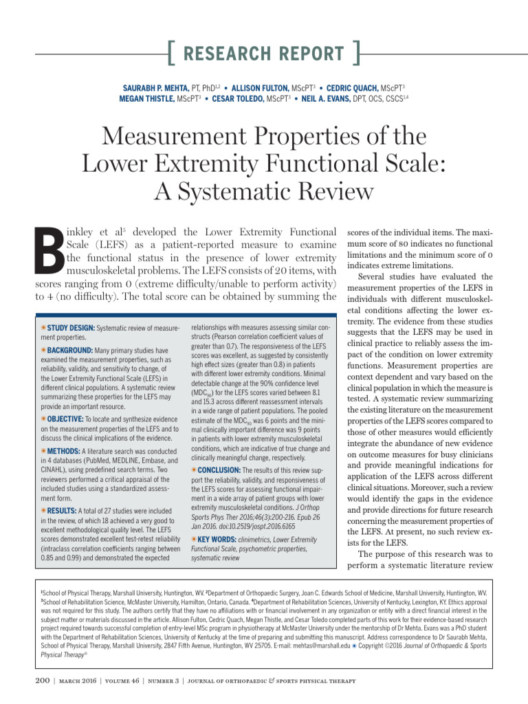 Mehta Et Al 2016 Measurement Properties of The Lower Extremity ...