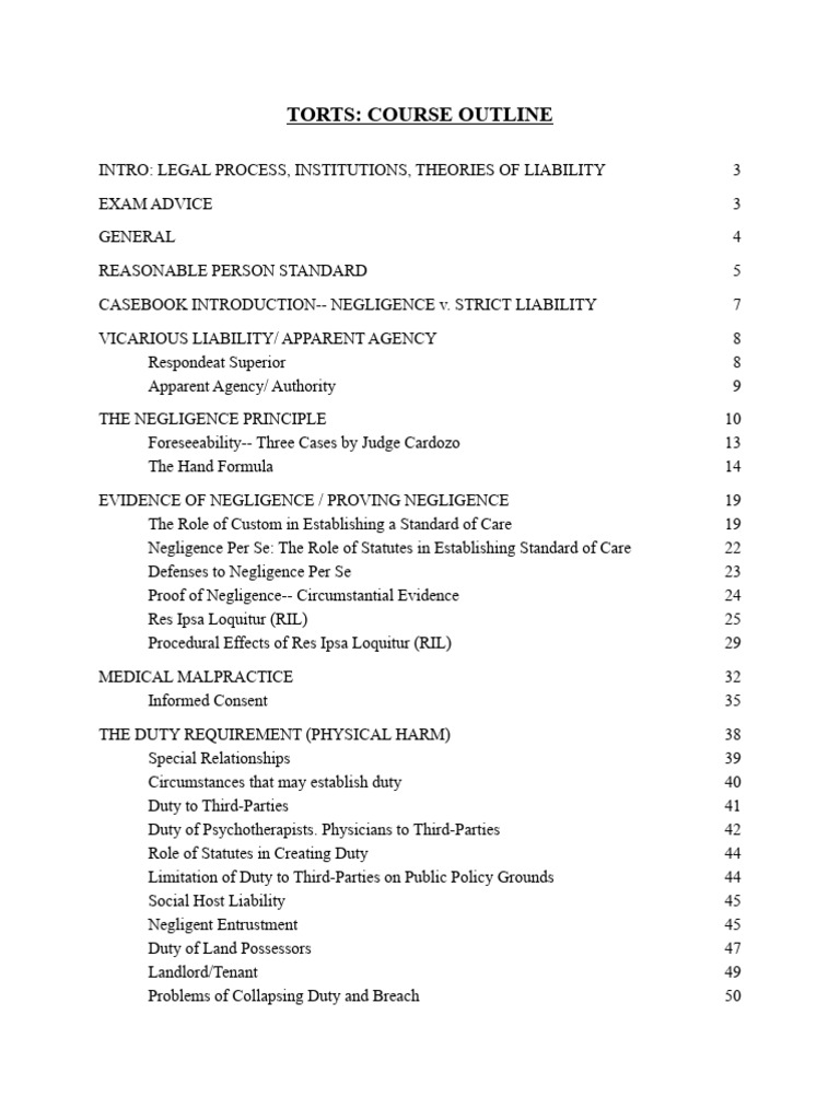 Torts - Course Outline | PDF | Negligence | Tort