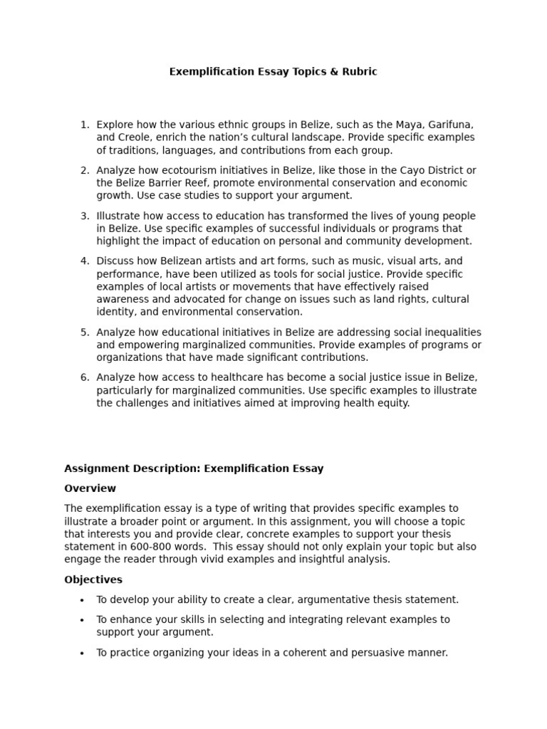 Exemplification Essay Topics & Rubric | PDF | Essays | Belize