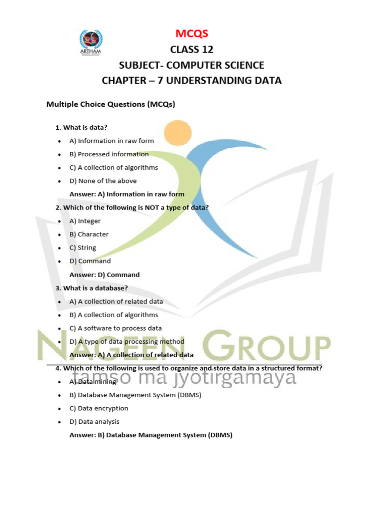 Class 12 MCQS Computer Science Chap 7 (2024-25) | PDF | Databases | Boolean Data Type