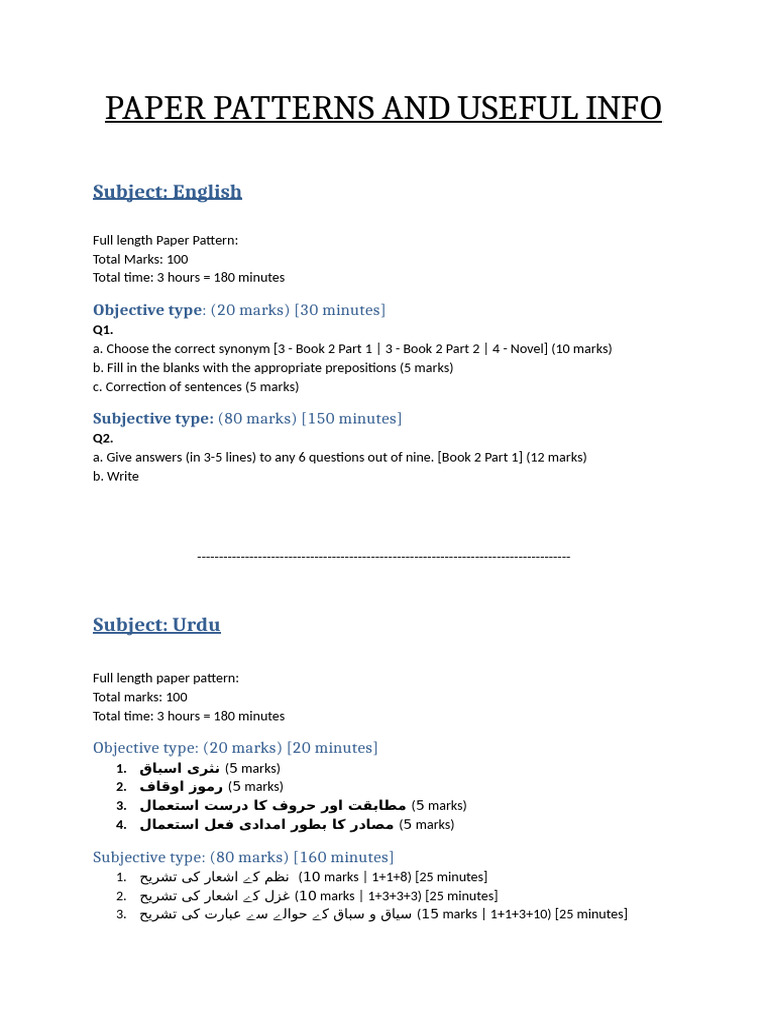 Paper Patterns and Important Notes | PDF