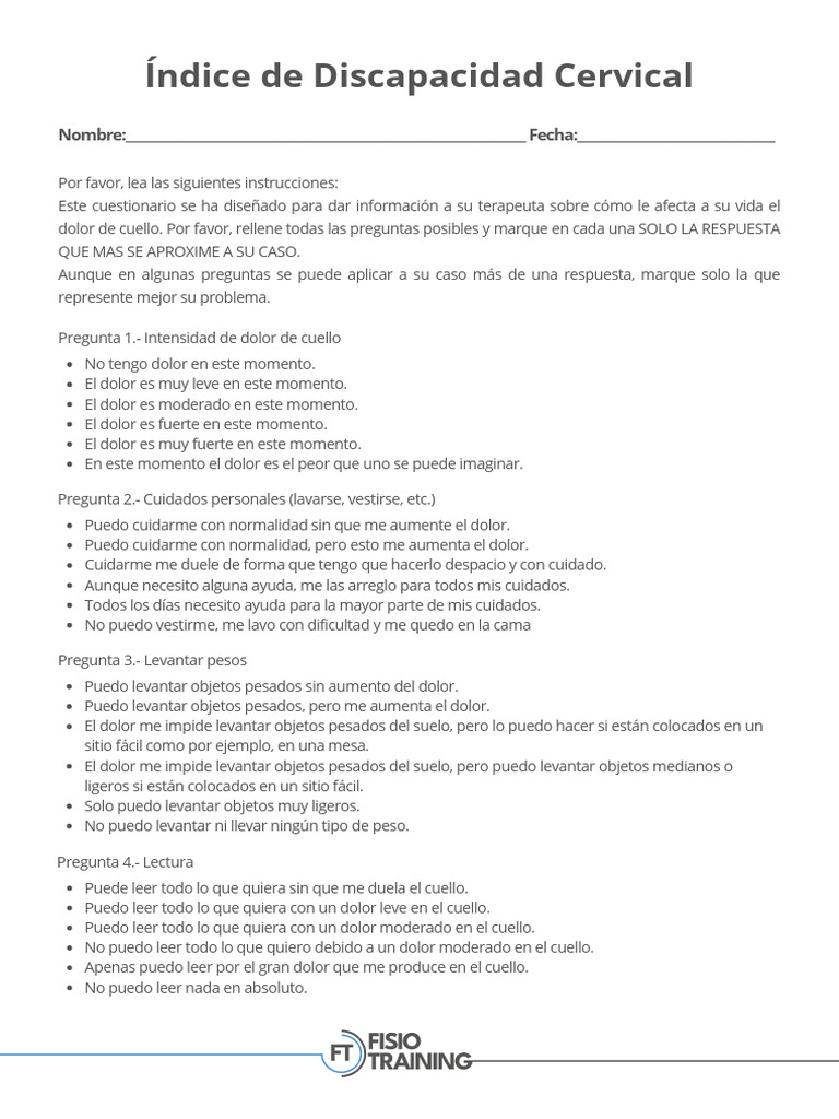 Índice de Discapacidad Cervical | PDF | Dolor de cabeza | Dolor