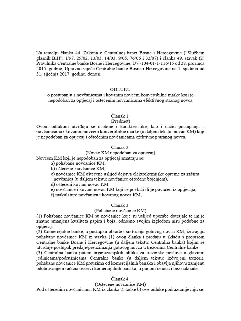 Odluka o Postupanju S Novcanicama I Kovanim Novcem Konvertibilne Marke ...