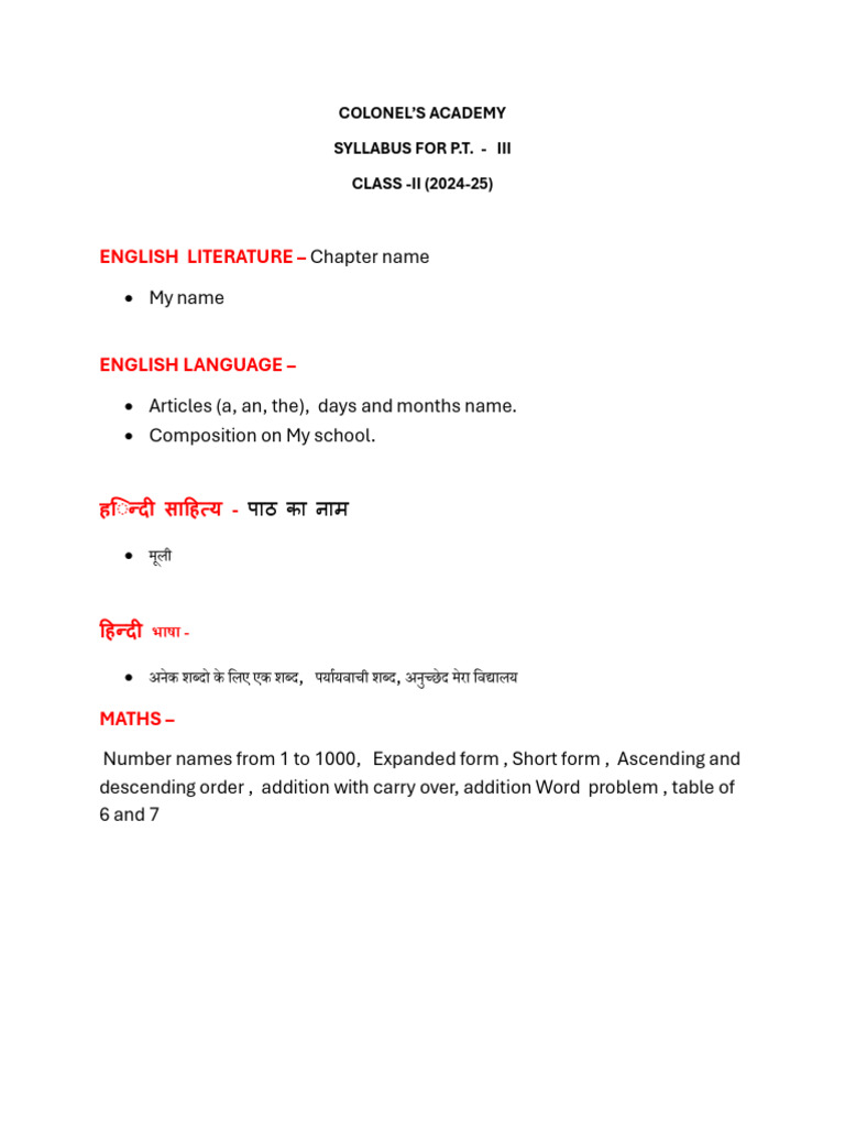 Class 2 Syllabus For PT 3-1 | PDF | Language Arts & Discipline
