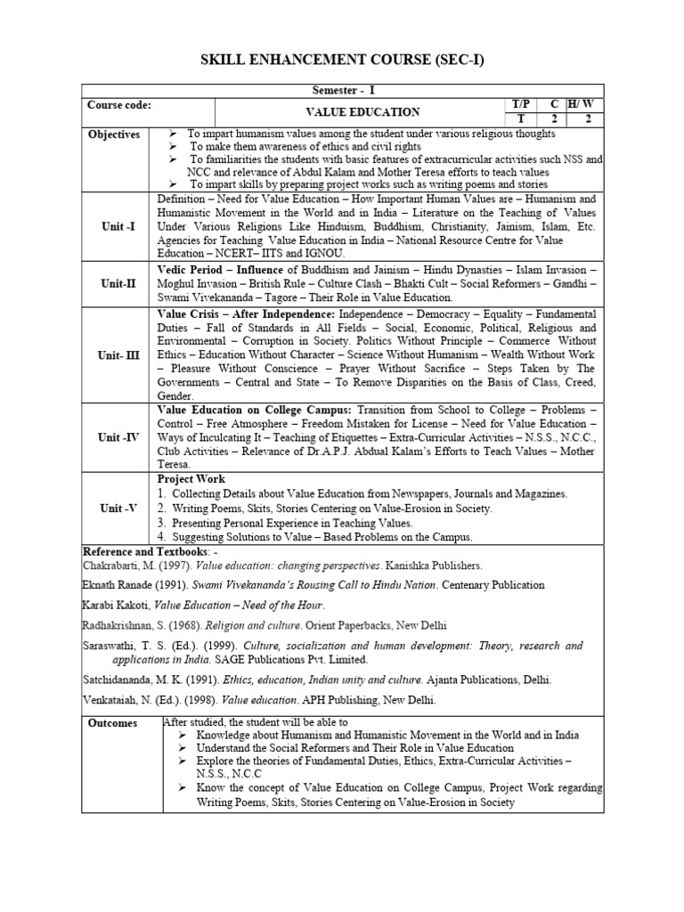 Value Education SYLLUBUS | PDF | Humanism