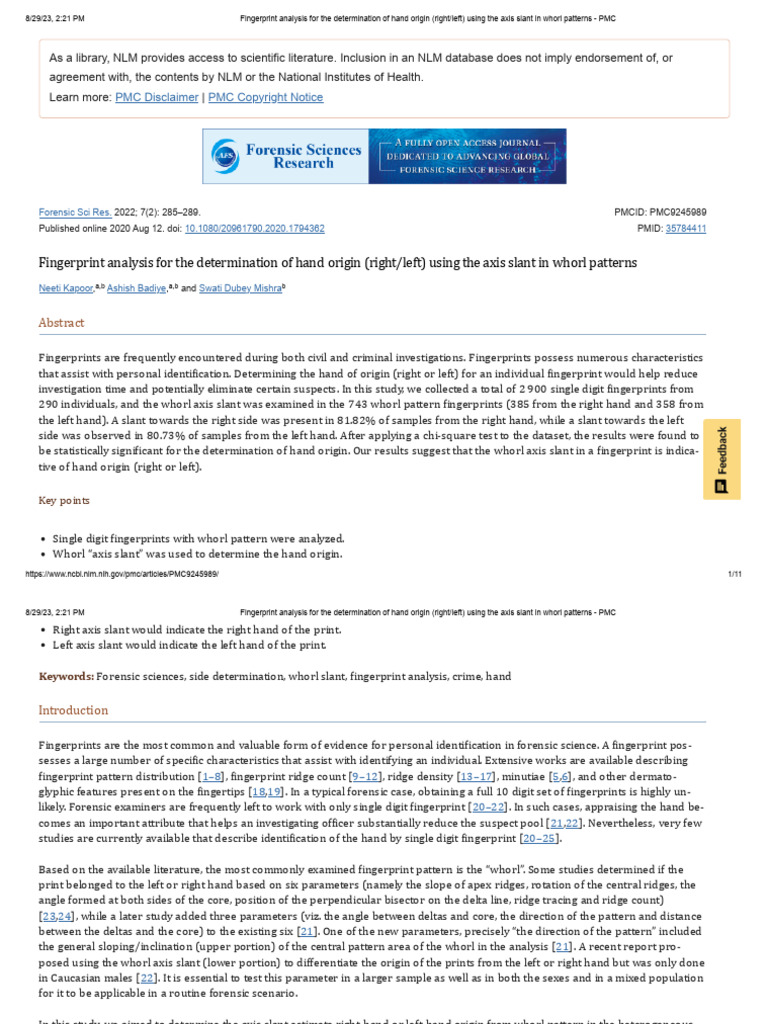 Fingerprint Analysis For The Determination of Hand Origin (Right - Left ...