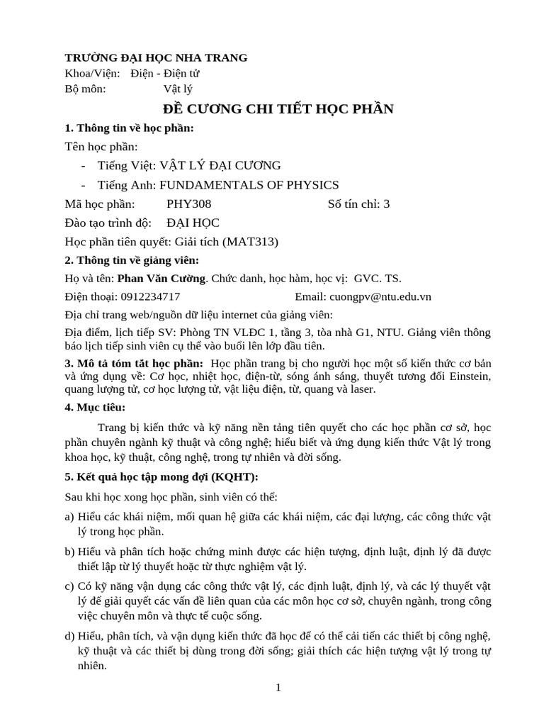 De Cuong Chi Tiet HP Vat Ly Dai Cuong (Phan Van Cuong, Doi Voi Tat CA Cac Lop He ĐH) | PDF
