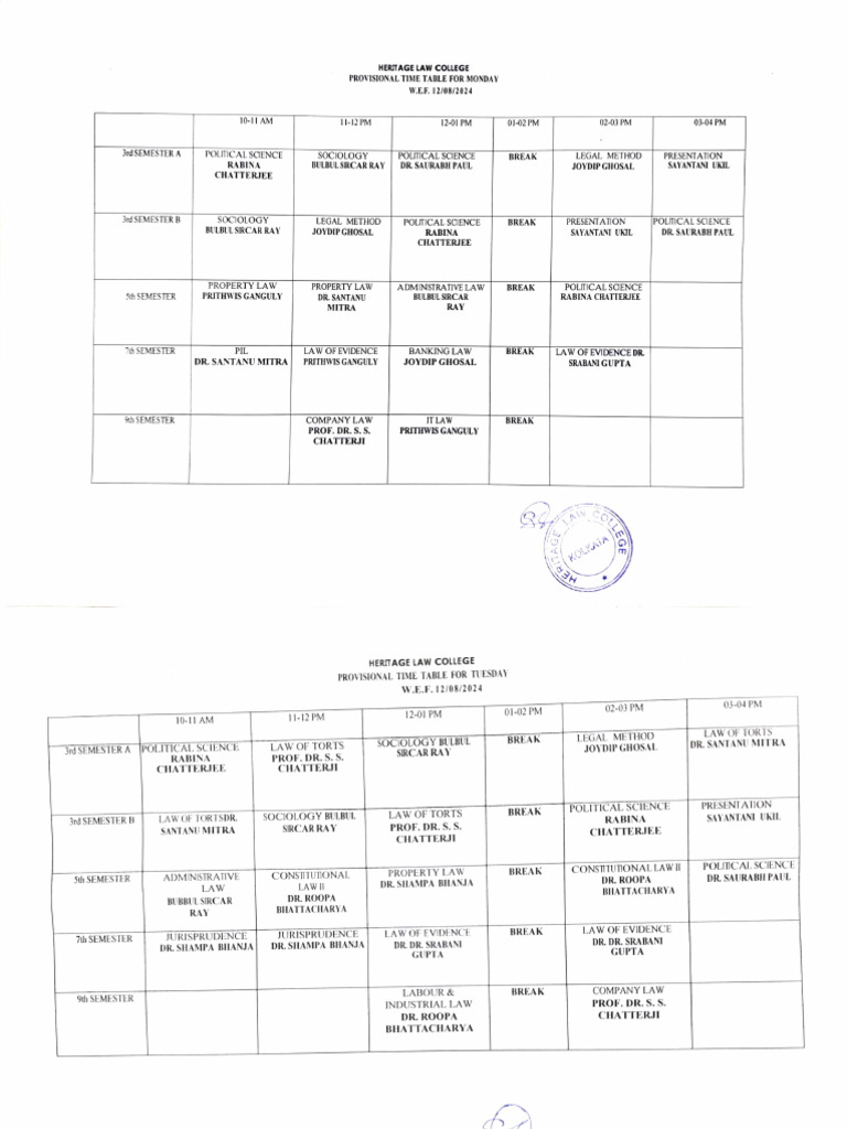 PROVISIONAL TIME TABLE ODD SEM 2024 | PDF | Justice | Crime & Violence