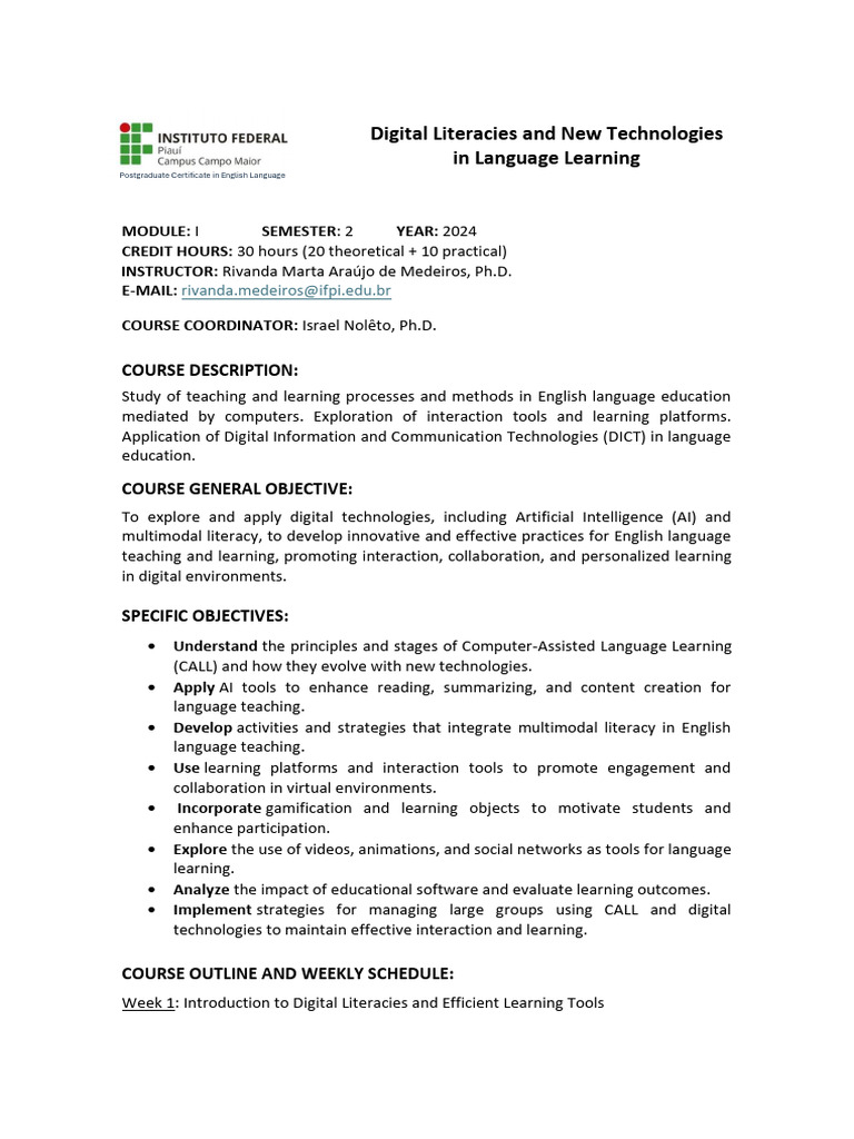 Digital Literacies and Language Learning-Plan | PDF | Learning ...