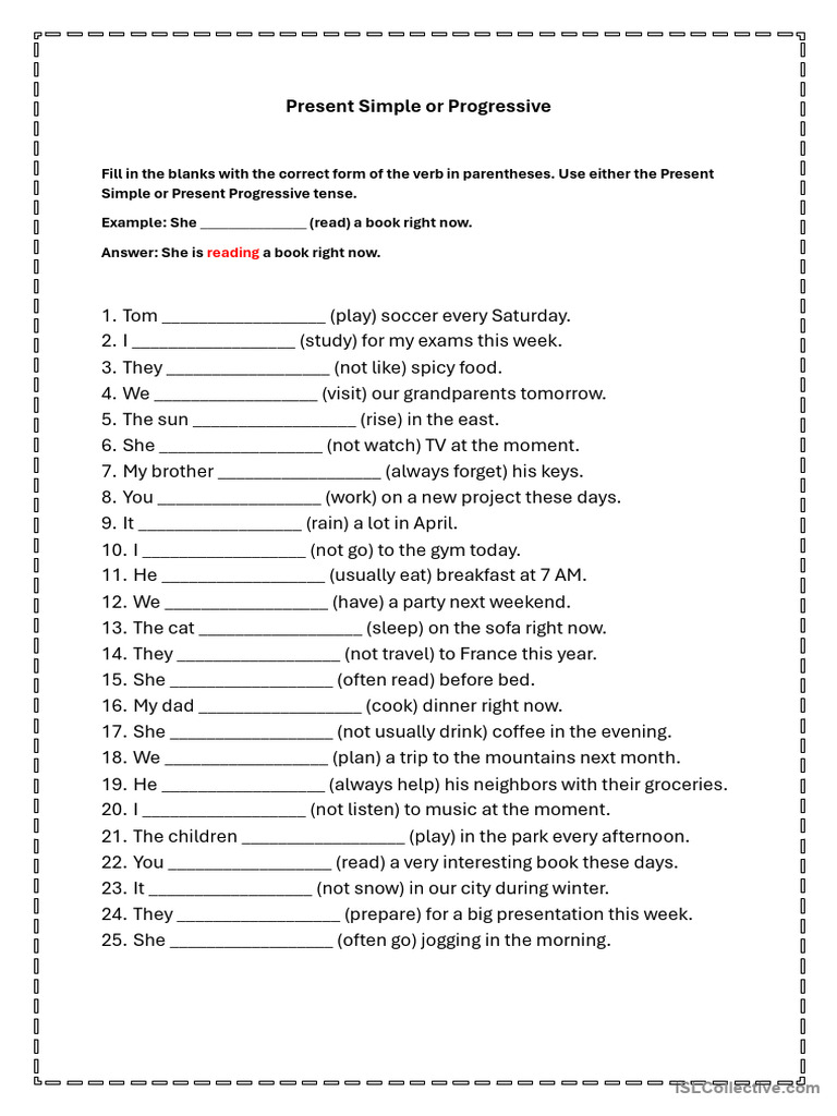 Present Simple or Progressive Worksheet | PDF | Games & Activities ...