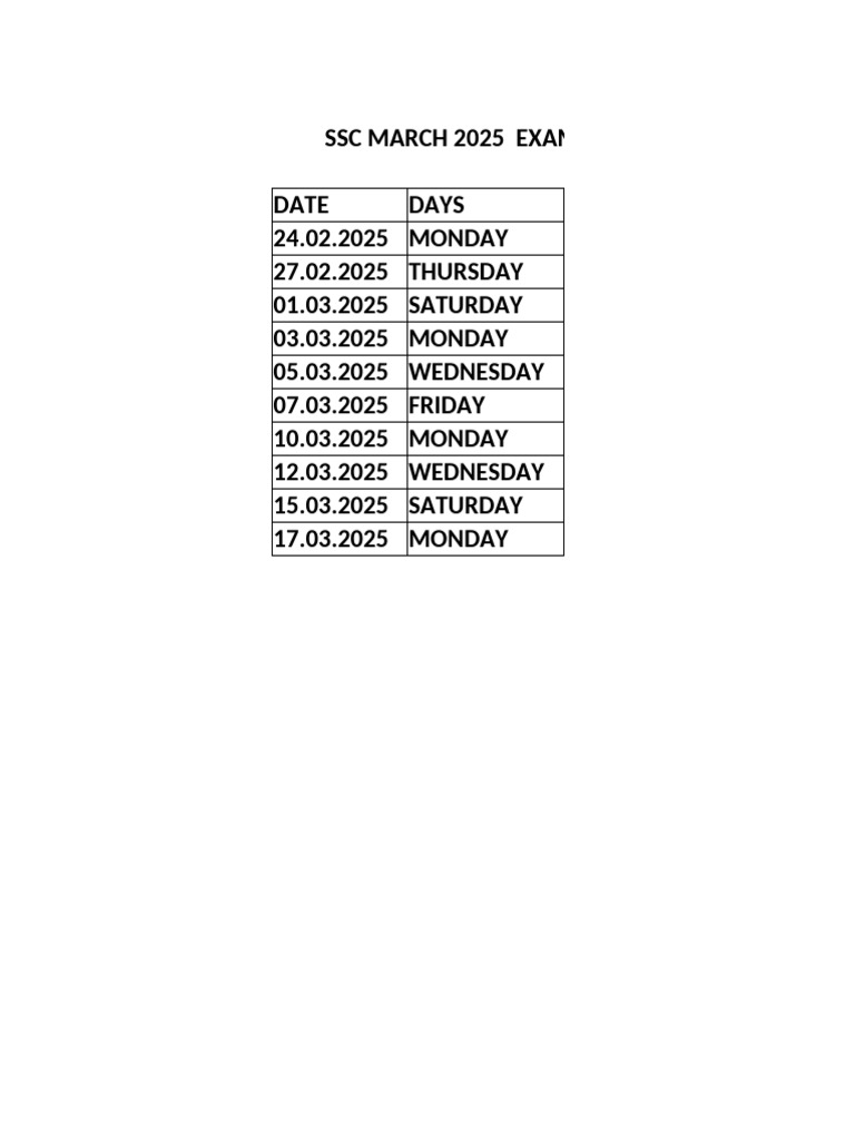SSC March 2025 Exam Schedule | PDF