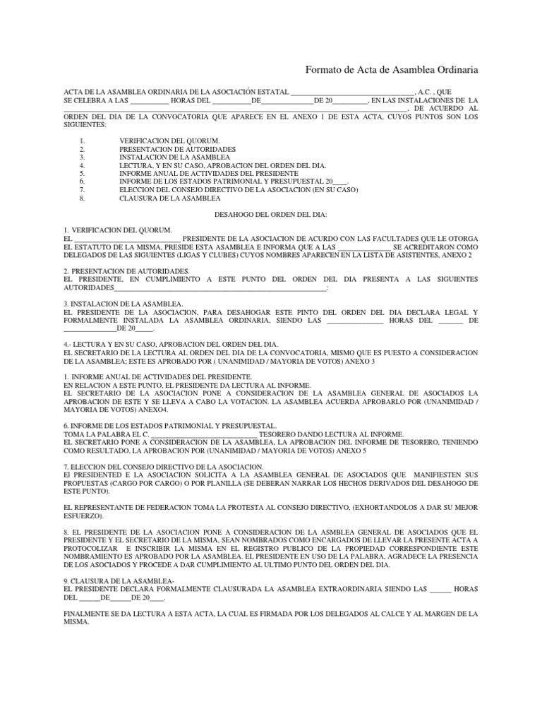 Formato Acta Asamblea Ordinaria | PDF | Gobierno