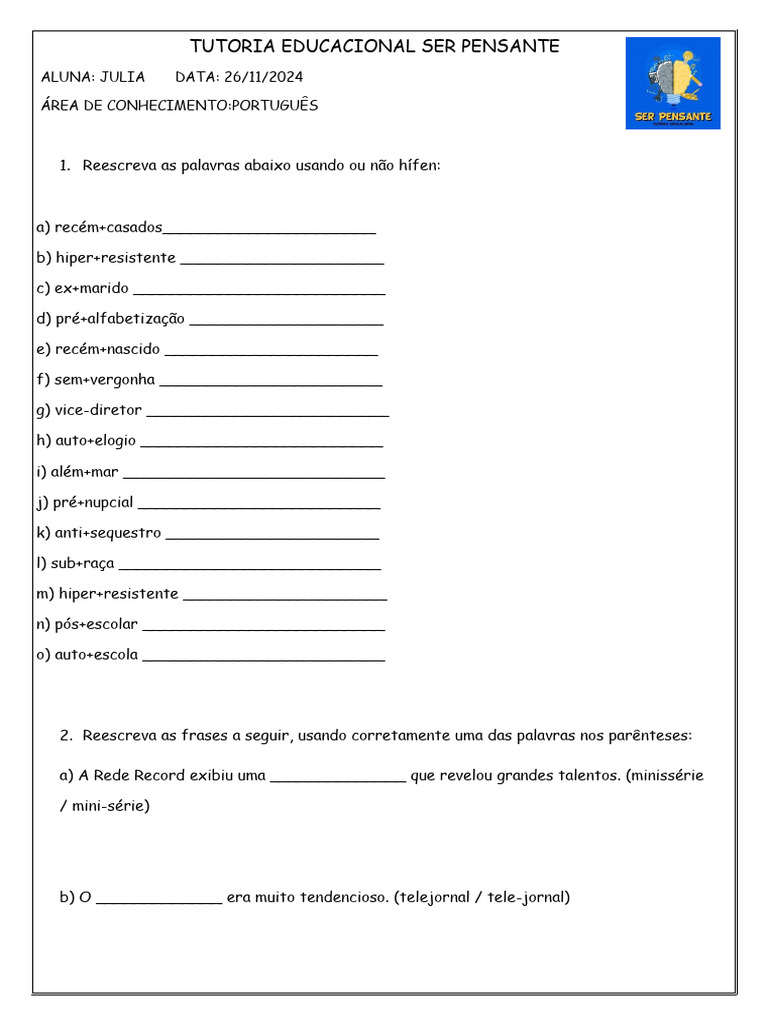 Atividade 26-11-24 - Julia - Uso Do Hifen | PDF
