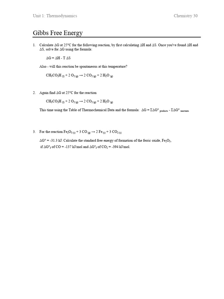 Gibbs Free Energy Test | PDF | Gibbs Free Energy | Chemical Reactions