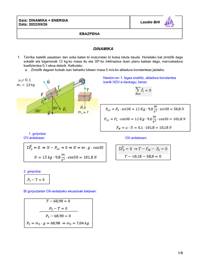 Batx1 Dinamika - Energia - Azterketa (Ebazpena) | PDF