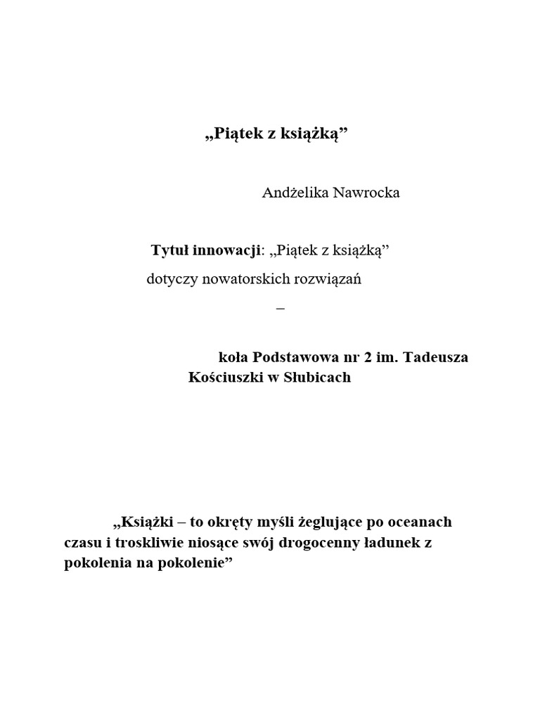 Innowacja Piątek Z Książką | PDF