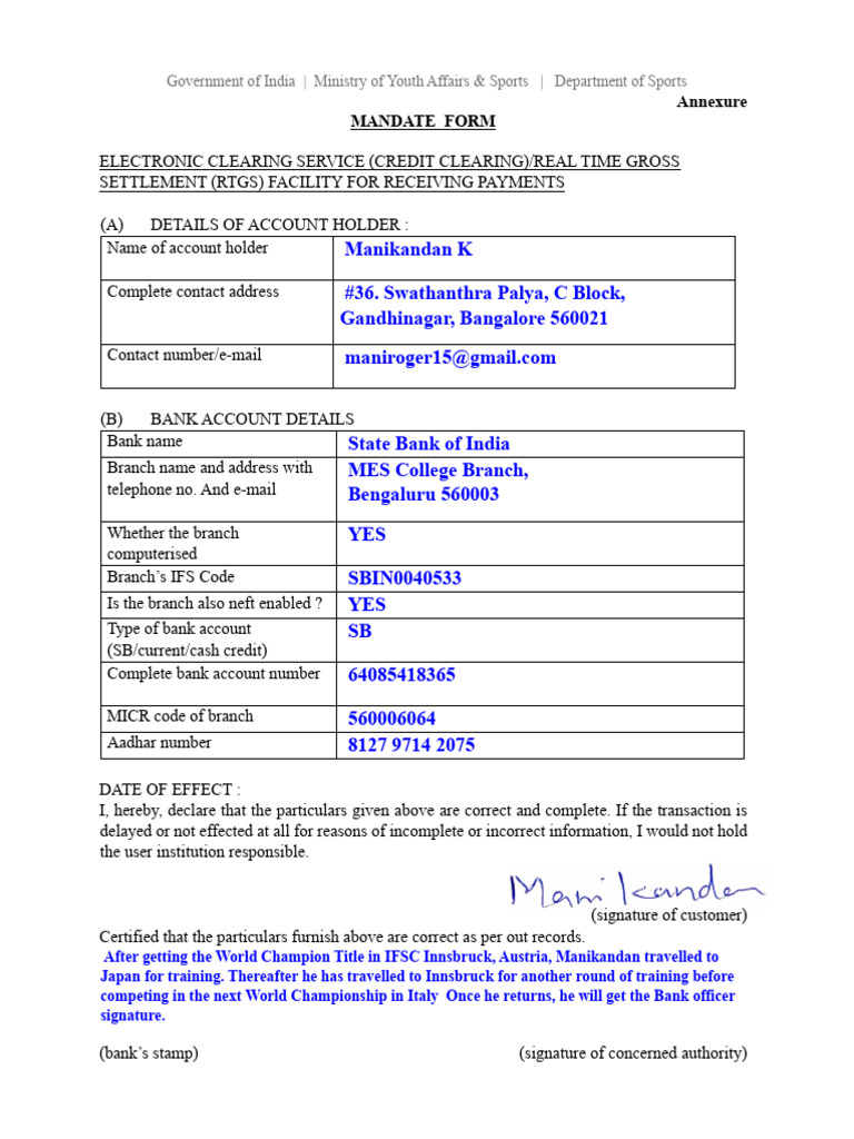Bank Mandate Form For Manikandan | PDF