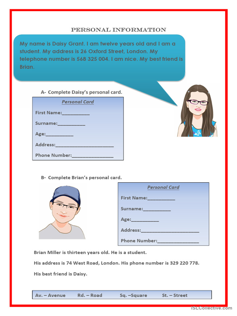 Personal Information Cards for Daisy and Brian | PDF