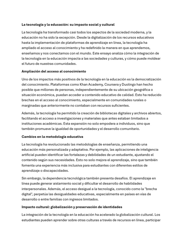 La Tecnología y La Educación | PDF | Aprendizaje | Sociedad