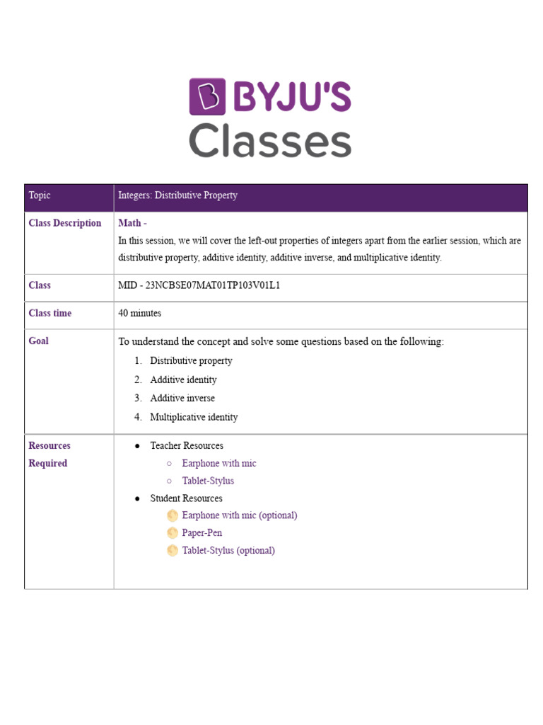 23NCBSE07MAT01TP103V01L1 - Integers - Distributive Property - Tutor ...