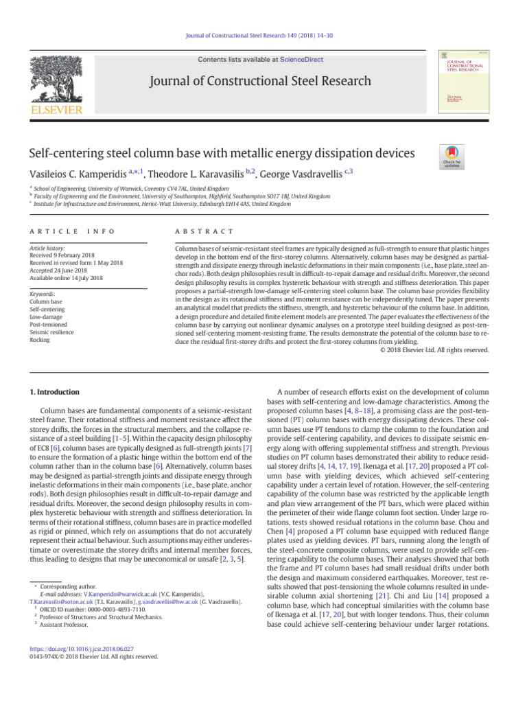 2018 - Self-Centering Steel Column Base With Metallic Energy Dissipation Devices | PDF ...